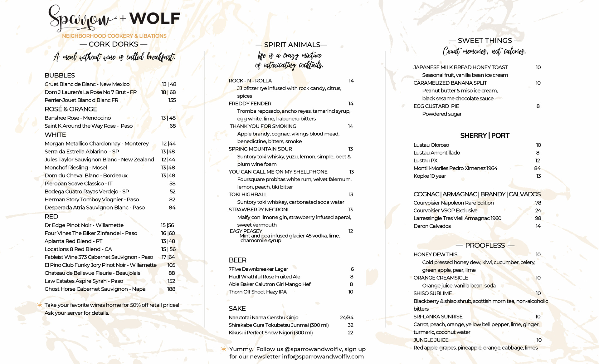 Sparrow + Wolf | Menu | Neighborhood Cookery and Libations